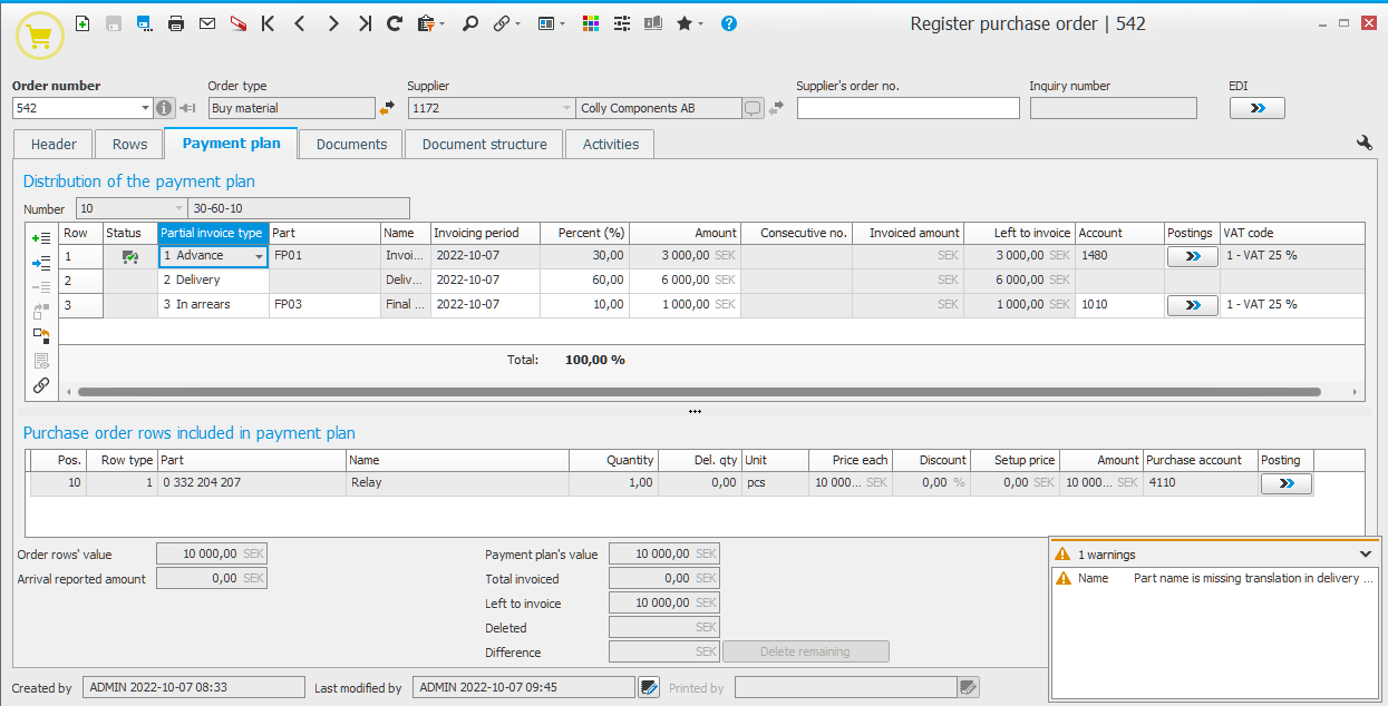 Register purchase order