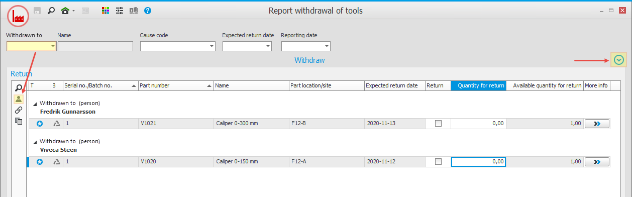 Manual withdrawal and return