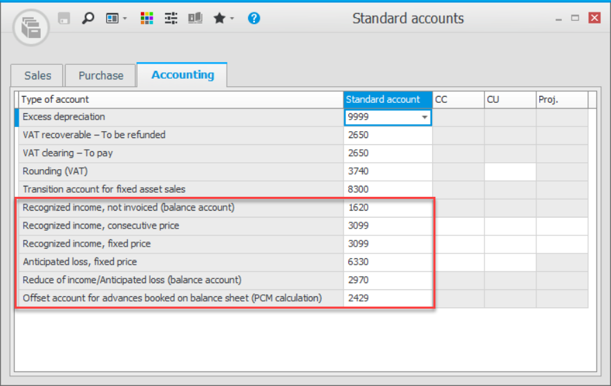 Settings for Percentage of completion method