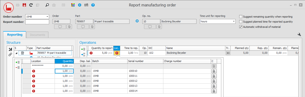 Material withdrawal for manufacturing order