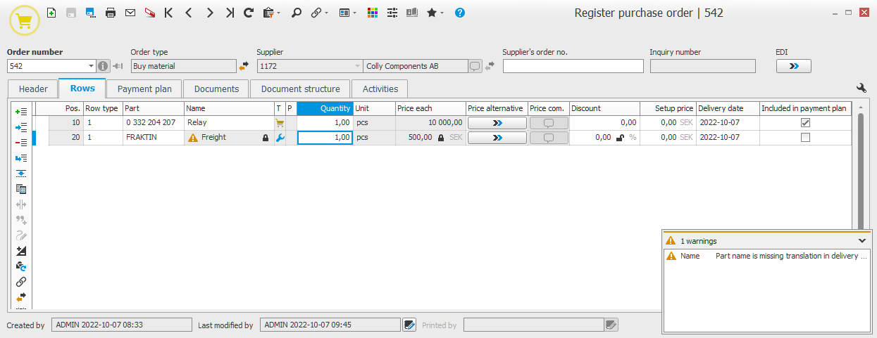 Register purchase order