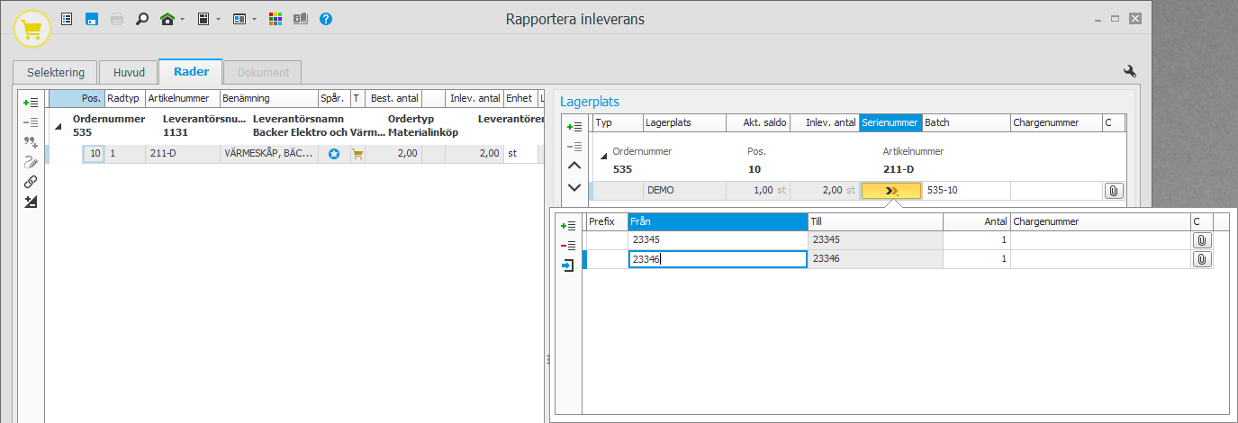 Rapportera inleverans/Mottagningskontroll